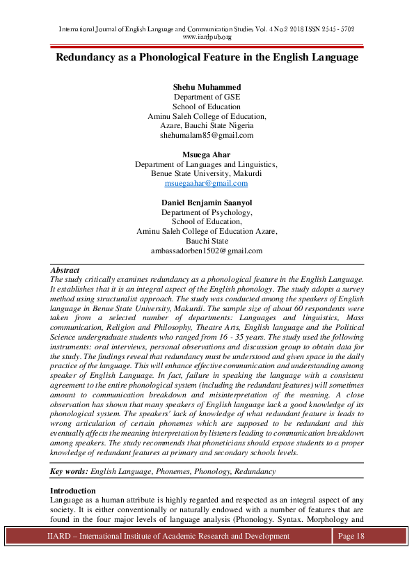 (PDF) Redundancy as a Phonological Feature in the English Language