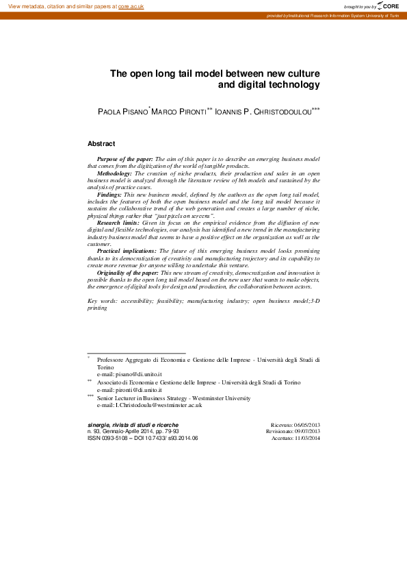 (PDF) The open long tail model between new culture and digital technology