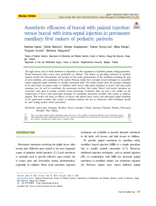 (PDF) Anesthetic efficacies of buccal with palatal injection versus ...