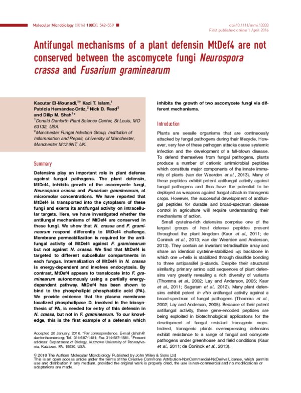 (PDF) Antifungal mechanisms of a plant defensin MtDef4 are not conserved between the ascomycete ...