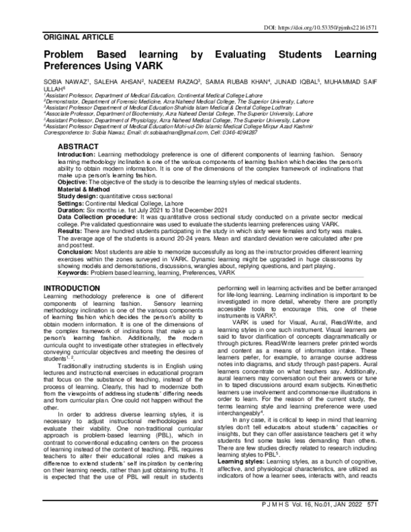 (PDF) Problem Based learning by Evaluating Students Learning Preferences Using VARK