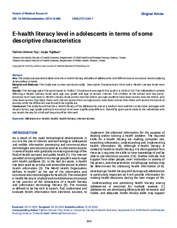 (PDF) E-health literacy level in adolescents in terms of some ...