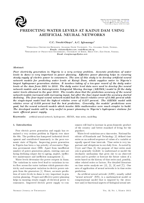 (PDF) Predicting Water Levels at Kainji Dam Using Artificial Neural Networks | Chidozie Nwobi ...
