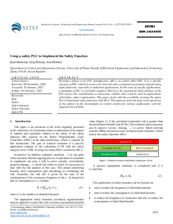 (PDF) Using a safety PLC to Implement the Safety Function | Jozef ...