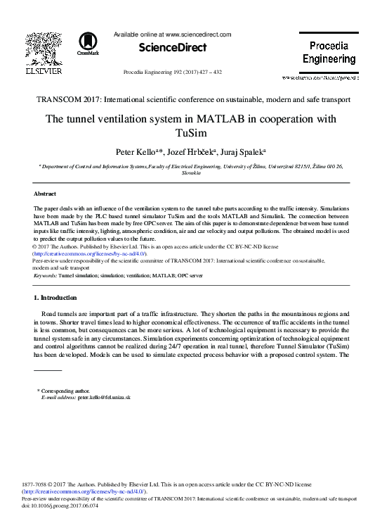 (PDF) The Tunnel Ventilation System in MATLAB in Cooperation with TuSim