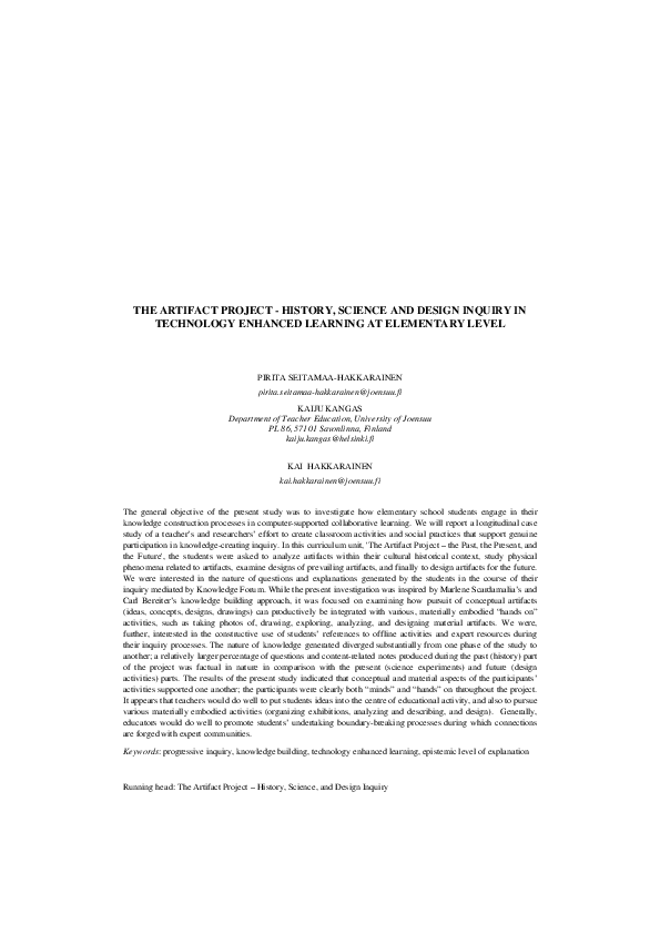 (PDF) The Artifact Project — History, Science, and Design Inquiry in Technology Enhanced ...