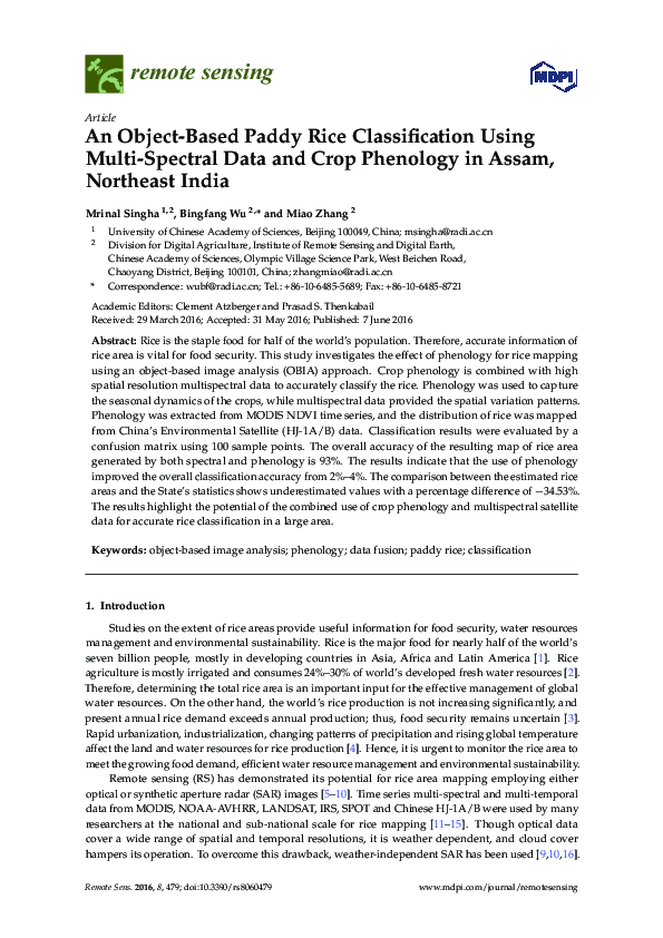 Pdf An Object Based Paddy Rice Classification Using Multi Spectral Data And Crop Phenology In