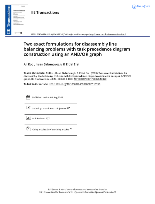 Pdf Two Exact Formulations For Disassembly Line Balancing Problems With Task Precedence 2440