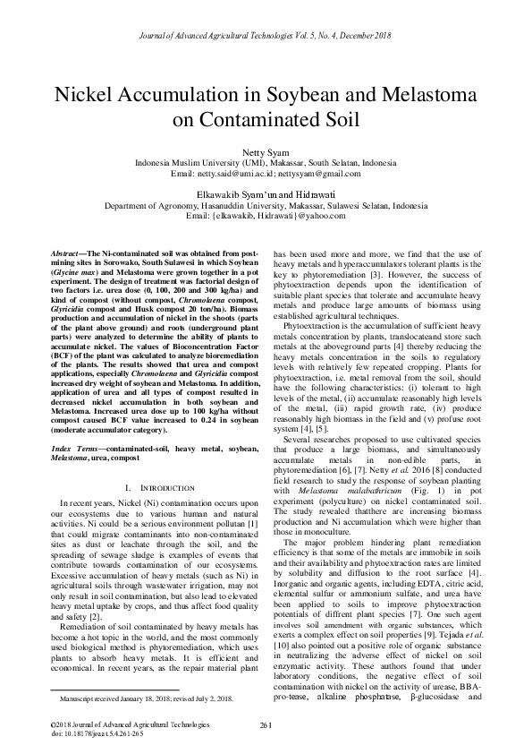 (PDF) Nickel Accumulation in Soybean and Melastoma on Contaminated Soil