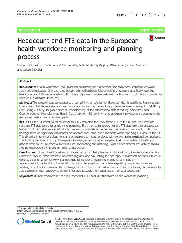 (PDF) FTE Calculation in EU Health Workforce Planning