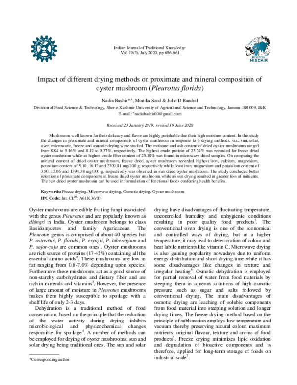 Pdf Impact Of Different Drying Methods On Proximate And Mineral