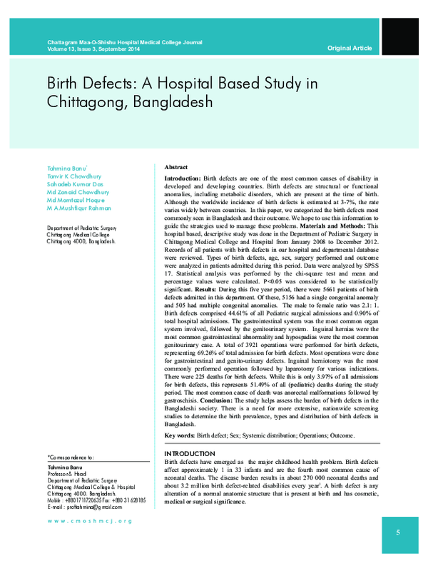 (PDF) Birth Defects: A Hospital Based Study in Chittagong, Bangladesh