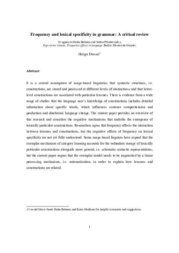 (PDF) Frequency and lexical specificity in grammar: A critical review