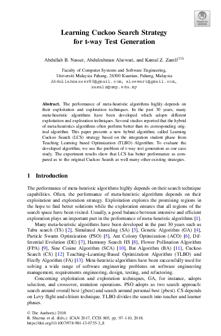 Pdf Learning Cuckoo Search Strategy For T Way Test Generation