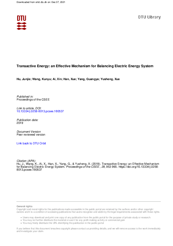 (PDF) Transactive Energy: an Effective Mechanism for Balancing Electric Energy System