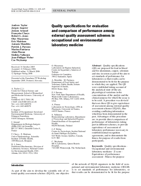 Pdf Quality Specifications For Evaluation And Comparison Of Performance Among External Quality