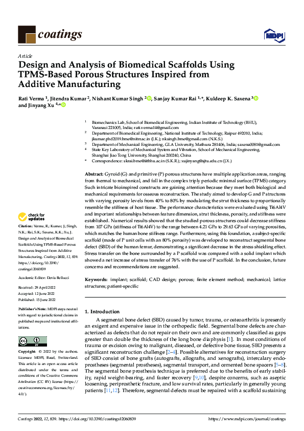 Pdf Design And Analysis Of Biomedical Scaffolds Using Tpms Based Porous Structures Inspired