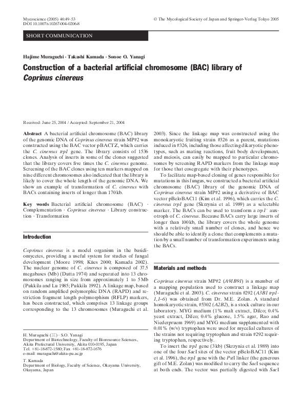 (PDF) Construction of a bacterial artificial chromosome (BAC) library of Coprinus cinereus