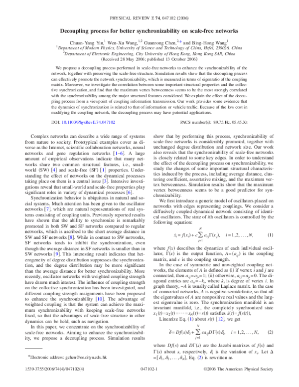 Pdf Decoupling Process For Better Synchronizability On Scale Free Networks