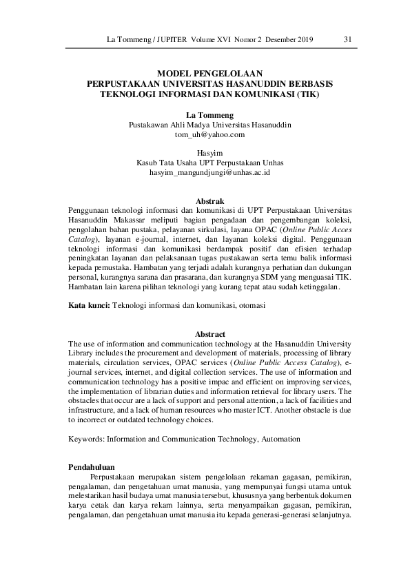 Pdf Model Pengelolaan Perpustakaan Universitas Hasanuddin Berbasis Teknologi Informasi Dan