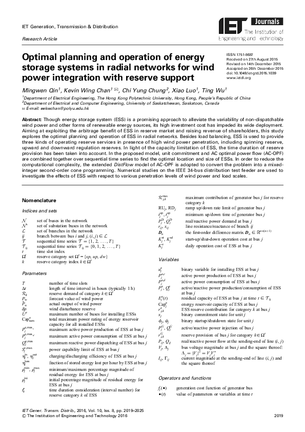 (PDF) Optimal planning and operation of energy storage systems in radial networks for wind power ...