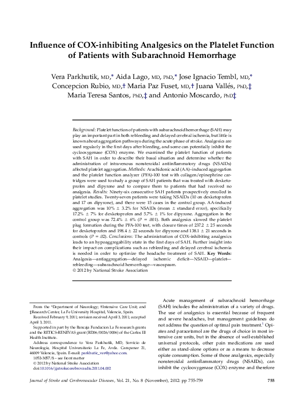 (PDF) COX-Inhibiting Analgesics and Platelet Function in SAH