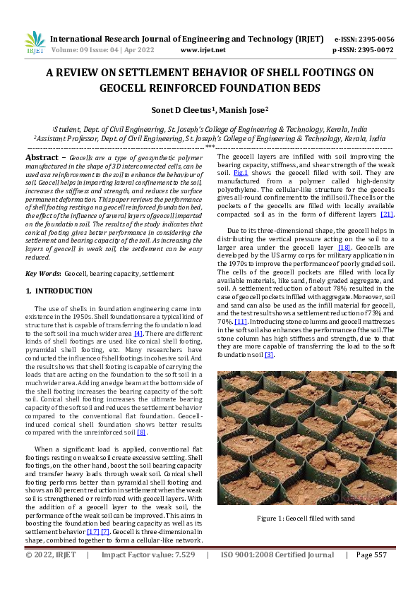(PDF) A REVIEW ON SETTLEMENT BEHAVIOR OF SHELL FOOTINGS ON GEOCELL ...