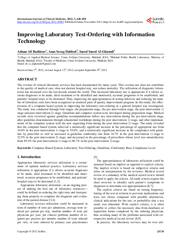 (PDF) Improving Laboratory Test-Ordering with Information Technology