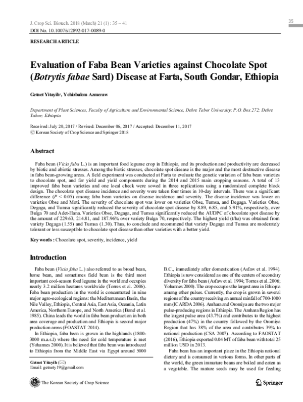 (PDF) Evaluation of Faba Bean Varieties against Chocolate Spot (Botrytis fabae Sard) Disease at ...