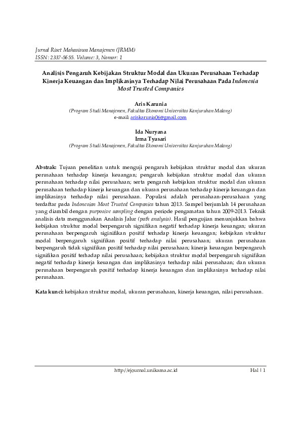 (PDF) Analisis Pengaruh Kebijakan Struktur Modal Dan Ukuran Perusahaan Terhadap Kinerja Keuangan ...