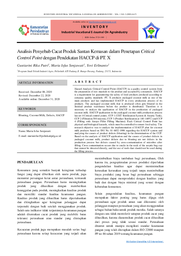 (PDF) Analisis Penyebab Cacat Produk Santan Kemasan dalam Penetapan ...