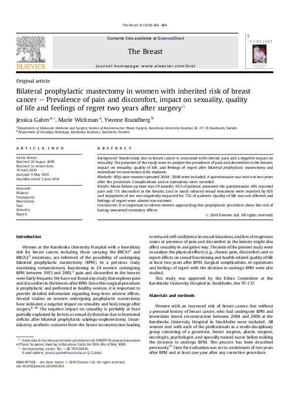 (PDF) Bilateral prophylactic mastectomy in women with inherited risk of ...
