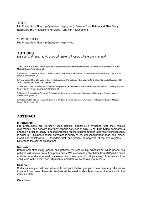(PDF) Hip precautions after hip operation (HippityHop): Protocol for a ...