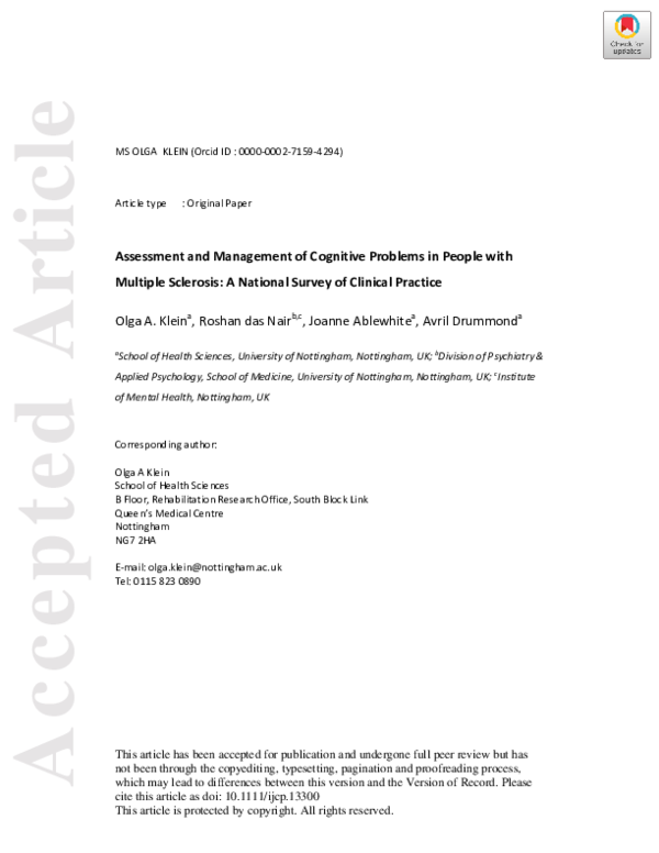 (PDF) Assessment and management of cognitive problems in people with multiple sclerosis: A ...