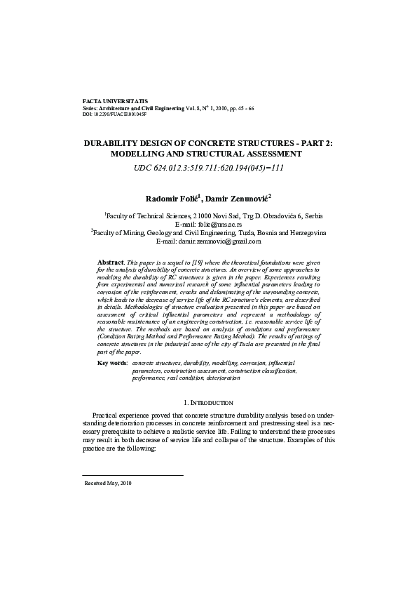 (PDF) Durability design of concrete structures, Part 2: Modelling and structural assessment