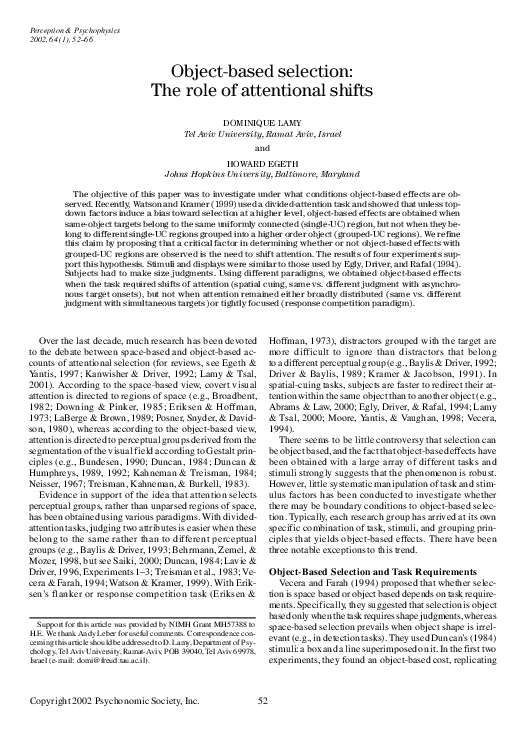 Pdf Object Based Selection The Role Of Attentional Shifts Dominique Lamy