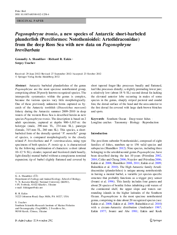 (PDF) Pogonophryne tronio, a new species of Antarctic short-barbeled ...