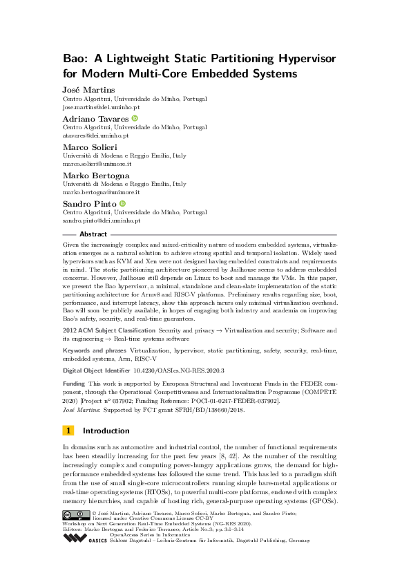 (PDF) Bao: A Lightweight Static Partitioning Hypervisor for Modern Multi-Core Embedded Systems ...
