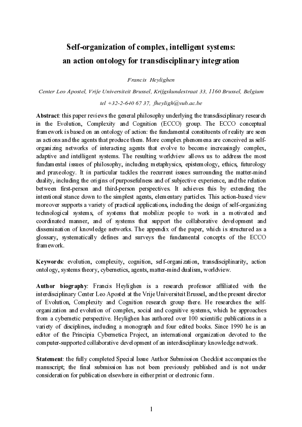 (PDF) Self-organization of complex, intelligent systems: an action ontology for ...