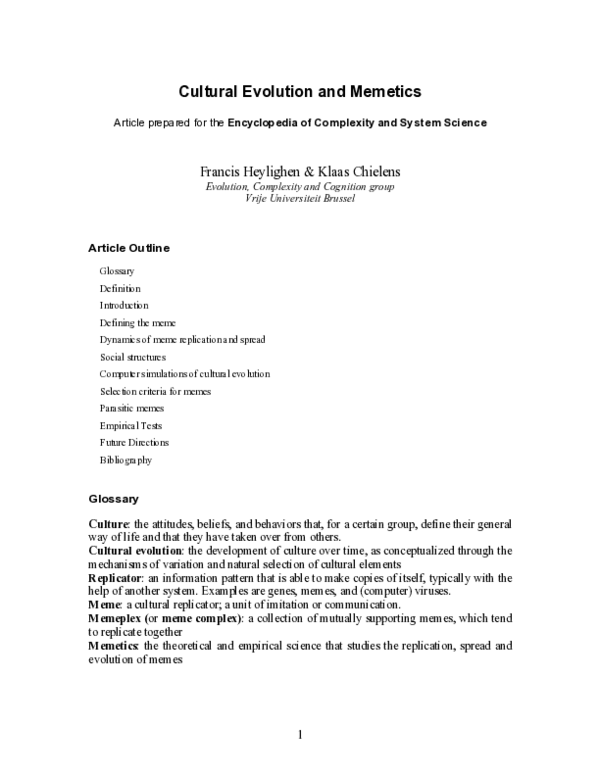 (PDF) Cultural Evolution and Memetics