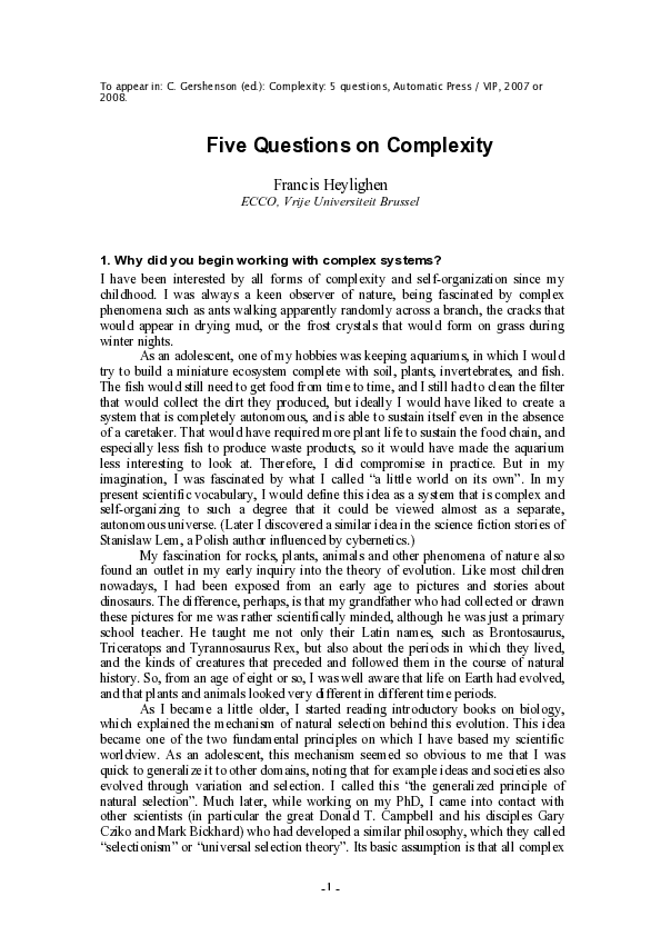 (PDF) Five Questions on Complexity