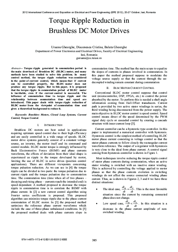 (PDF) Torque ripple reduction in brushless DC motor drives
