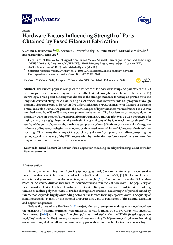 (PDF) Hardware Factors Influencing Strength of Parts Obtained by Fused Filament Fabrication