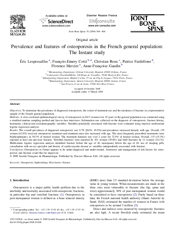 (PDF) Prevalence and features of osteoporosis in the French general population: The Instant study