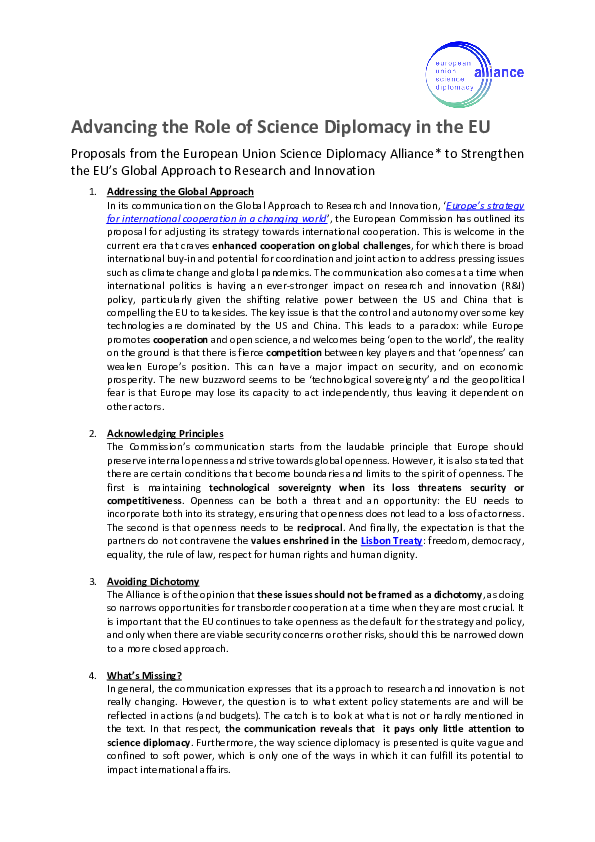 (PDF) Advancing the Role of Science Diplomacy in the EU: Proposals from ...