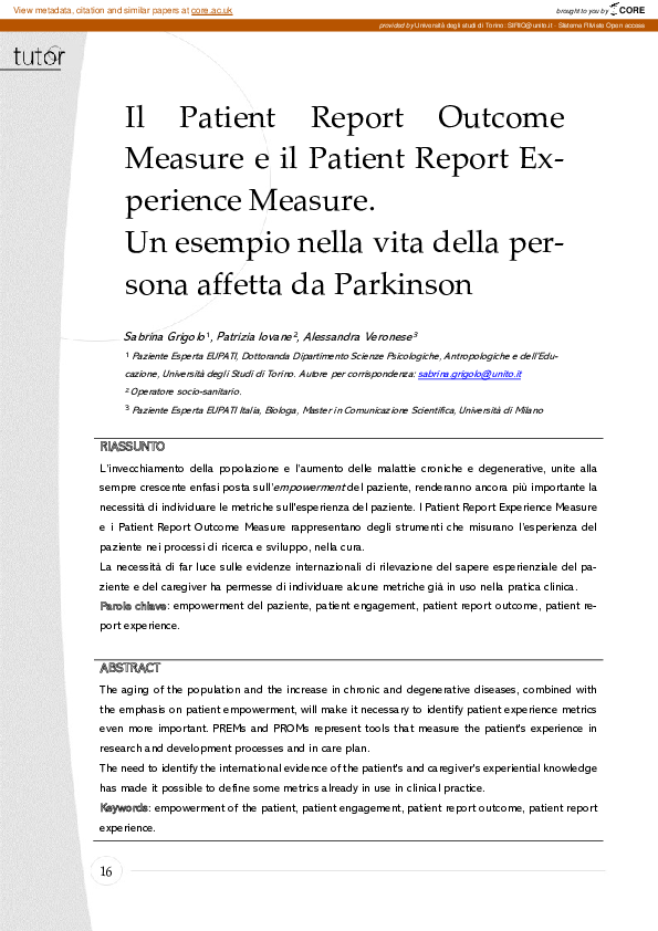 (PDF) Il Patient Report Outcome Measure e il Patient Report Experience ...
