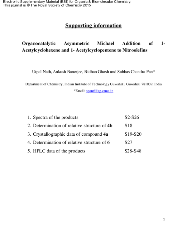 (PDF) Organocatalytic asymmetric Michael addition of 1 ...