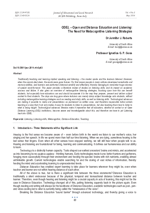 (PDF) ODEL – Open and Distance Education and Listening: The Need for Metacognitive Listening ...