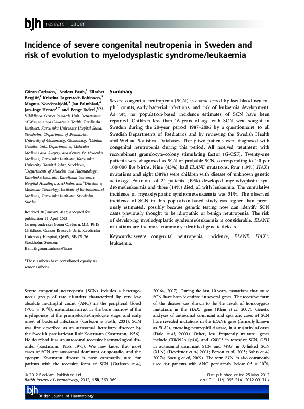 (PDF) Incidence of severe congenital neutropenia in Sweden and risk of ...