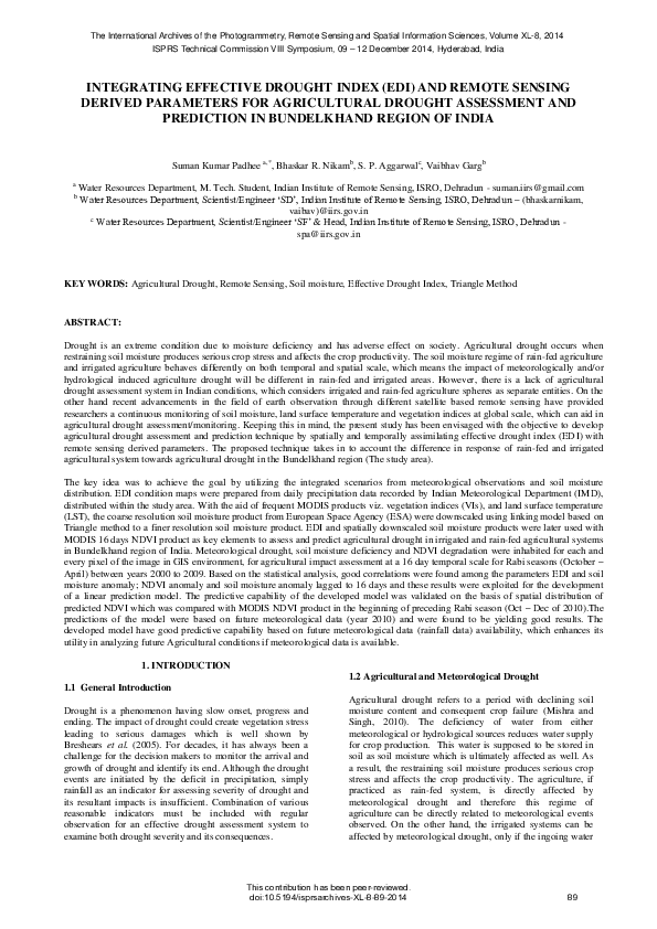 Pdf Integrating Effective Drought Index Edi And Remote Sensing Derived Parameters For